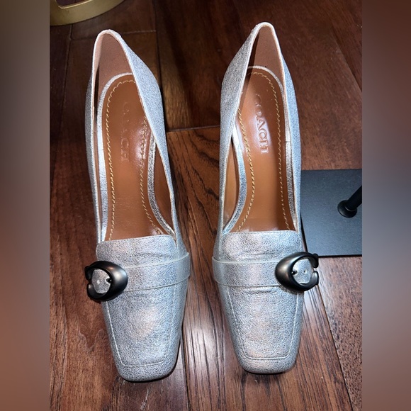 Coach | Shoes | Like New Coach Metallic Leather Heels Signature Buckle ...